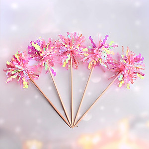 Firework Cupcake Toppers, 10 Pcs Foil Firework Birthday Cupcake Decoration Sparkle Firework Cake Topper Birthday Cupcake Topper for Graduation New Year Party Decorations (Pink)