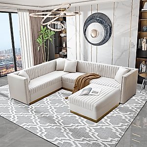 mikibama Luxury Velvet Sofa Set for Living Room, 101'' Modern Upholstered Vertical Channel Corner Couch with Movable Ottoman and 4 Pillows for Apartment, Hall (Beige)