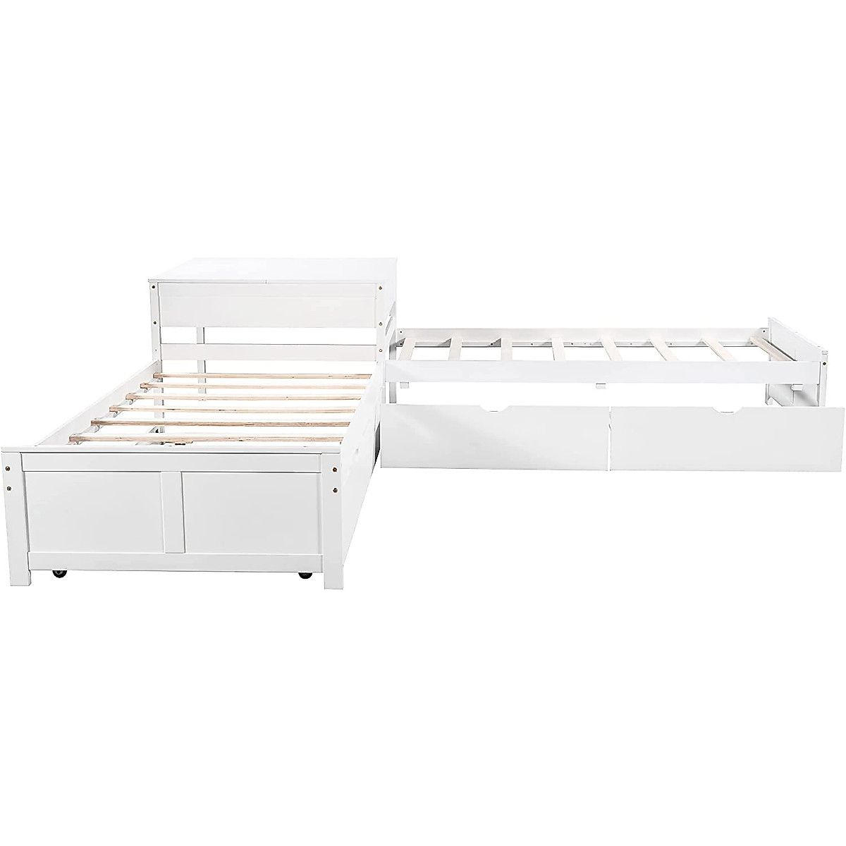 CITYLIGHT L-Shaped Platform Bed with Trundle and Drawers Linked with Built-in Desk, Wood Corner Bed with 3 Twin Beds for Kids Girls Boys Teens Bedroom (Twin,White)