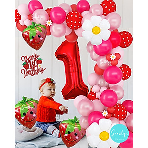 Soonlyn Berry First Birthday Decor 12Ft Strawberry Balloon Arch Kit with Strawberry Balloons Garland Foil First Daisy Dalloons for First Birthday Sweet Baby Shower