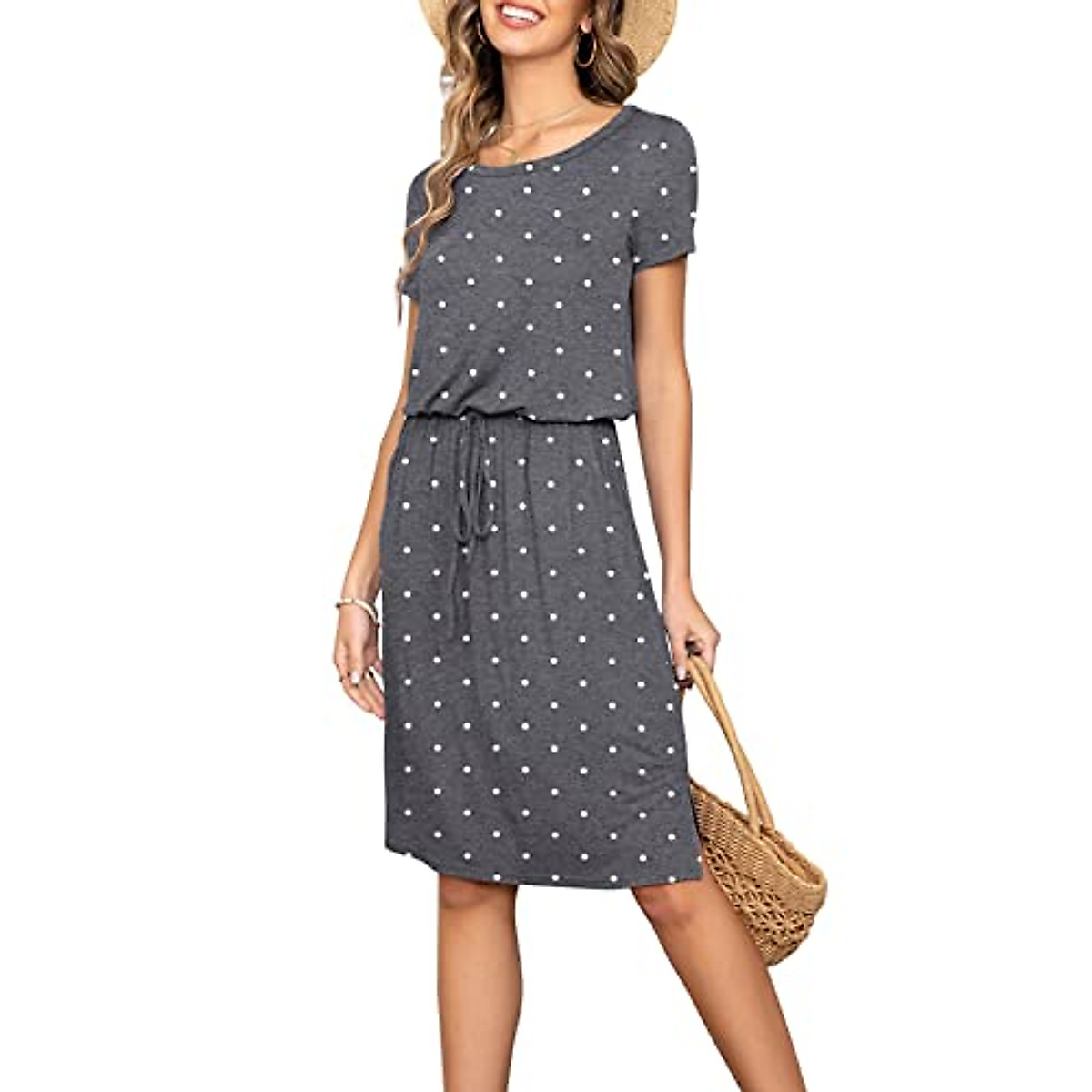 Women Summer Sleeve Pocket Modest Work Casual Midi Knee Dress Polka Dot Gray L