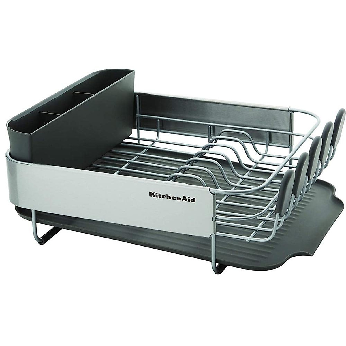 KitchenAid Compact, Space Saving Rust Resistant Dish Rack, with Angled Self Draining Drain Board and Removable Flatware Caddy, 16.06-Inch, Gray