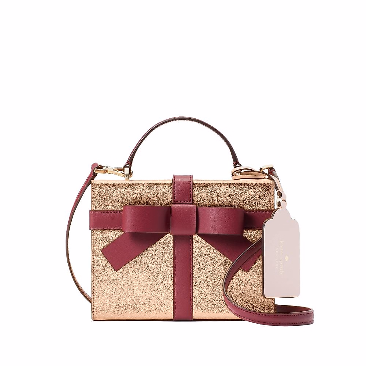 Kate Spade Wrapping Party Ribbon Bow Gift Box Crossbody Purse Rose (Gold Wine)