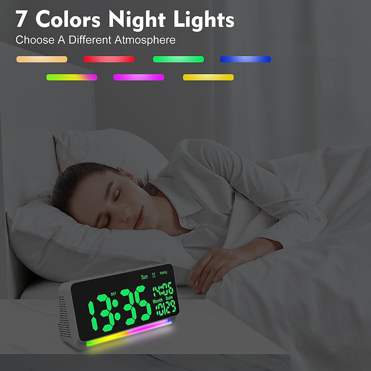 [120db Super Loud] Alarm Clocks for Bedrooms, 15 Wake Up Sounds, 7 Color Night Light, Dynamic RGB Color Changing, 0-100% Dimmer, Snooze, Large LED Display, Digital Clock for Heavy Sleepers Adults