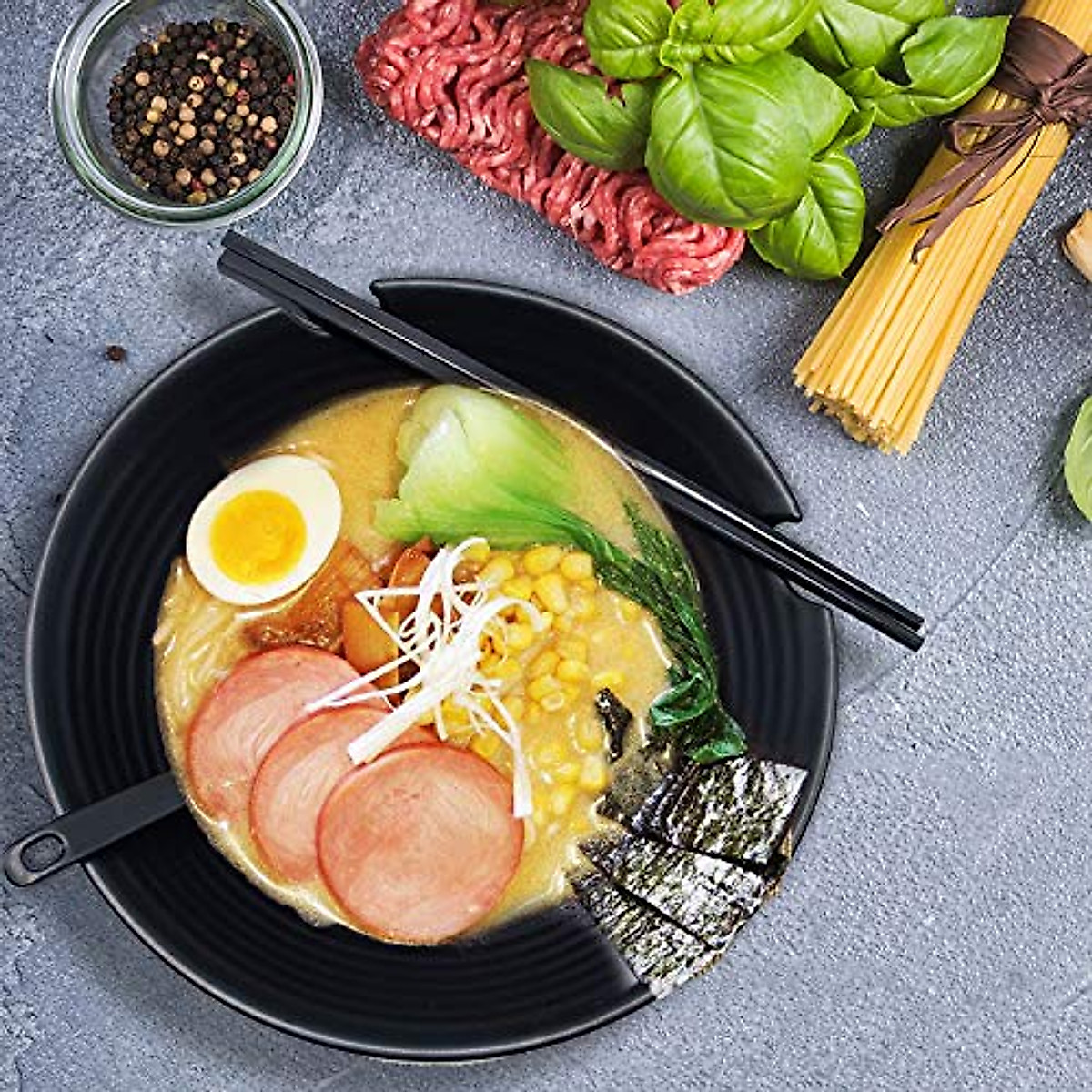 Vivimee Unbreakable Japanese Style Ramen Bowl Set of 2, 37oz Black Large Ramen Bowls and Spoons Set with Chopsticks & Saucers for Pho Thai Miso Udon Soup Noodles or Asian Food, Matte Melamine Bowls