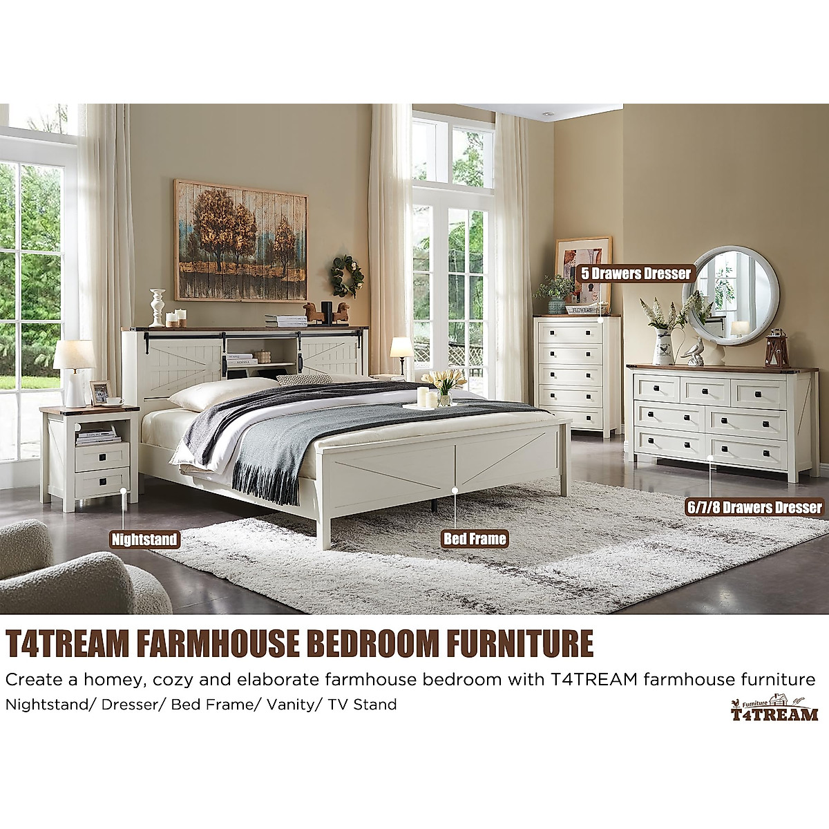 T4TREAM Farmhouse 5 Drawers Dresser Chests for Bedroom, Wood Rustic Tall Chest of Drawers, Dressers Organizer for Bedroom, Living Room, Hallway, Antique White