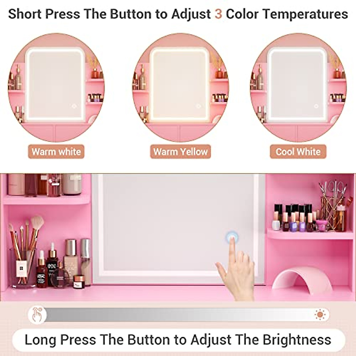 armocity Vanity Desk with Mirror and Light, Makeup Vanity with Cushioned Stool, Vanity Table Set with 3 Color Lighting Options, Modern Dressing Table with 2 Storage Drawers for Bedroom, Pink