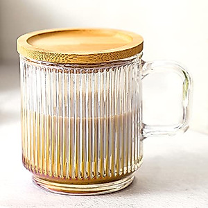 Lysenn Iridescent Glass Coffee Mug with Lid - Premium Classical Vertical Stripes Glass Tea Cup - for |Latte|Tea|Chocolate|Juice|Water| - Unleaded - Bamboo Lid - 12.5 Ounces