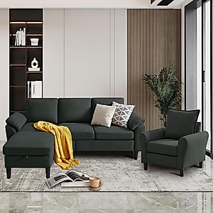 Chireca Sectional Sofa Set of 79.5" Convertible Sofa & Accent Chair, Small L Shaped 3 Seat Couch with Reversible Ottoman, Modern Linen Sofa Couch for Living Room, Office, Apartment, Black