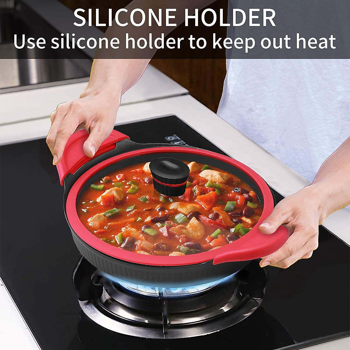 CAINFY Round Grill Pan with Lid, Nonstick Aluminum Stovetop Oven Griddle Grill Pan with Silicone Handles, 11.5 Inch, Dishwasher & Oven Safe