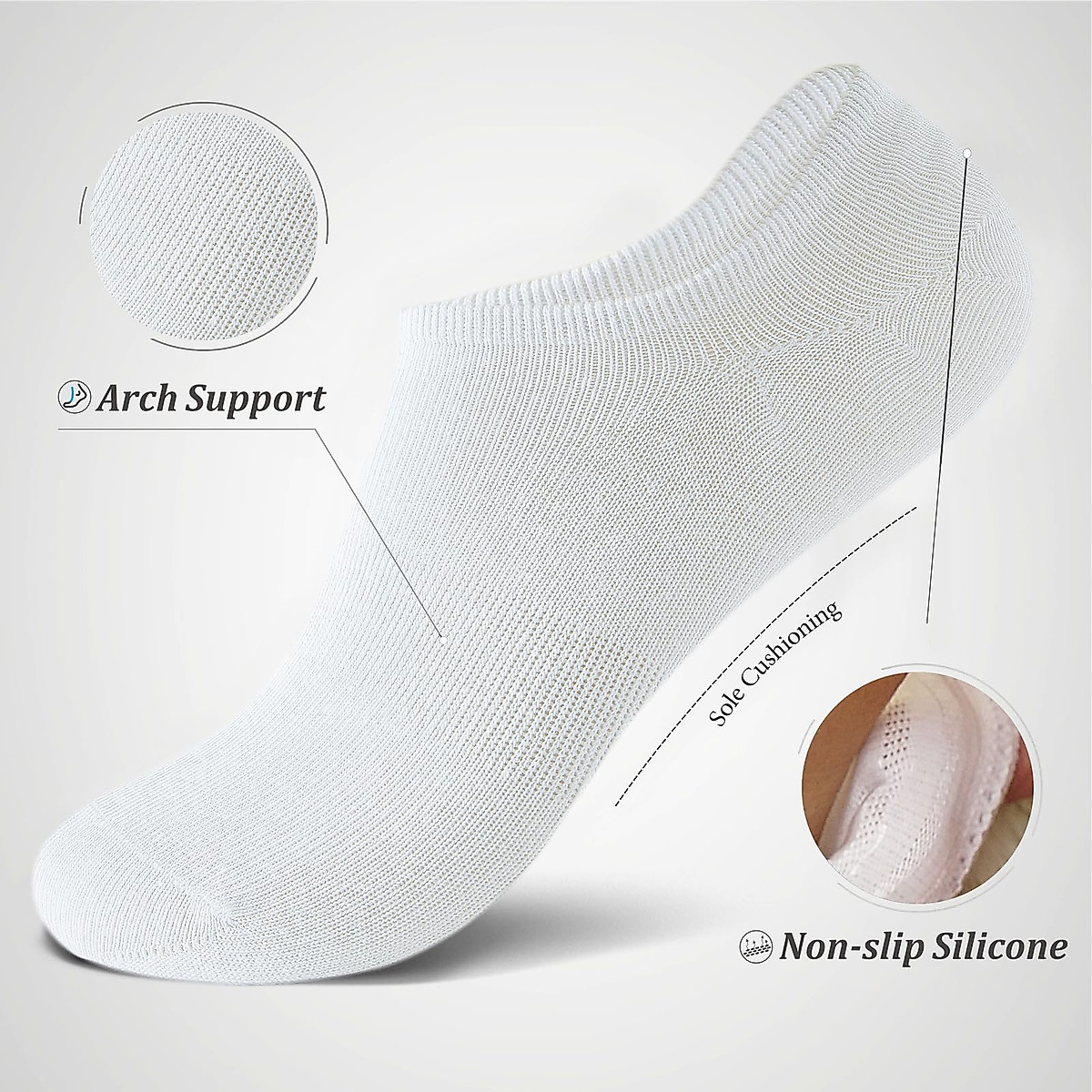 HIGIXCH No Show Socks Women Low Cut Invisible Liner Non slip Athletic Boat Socks 6 Pairs(socks for women size 5-8, White)
