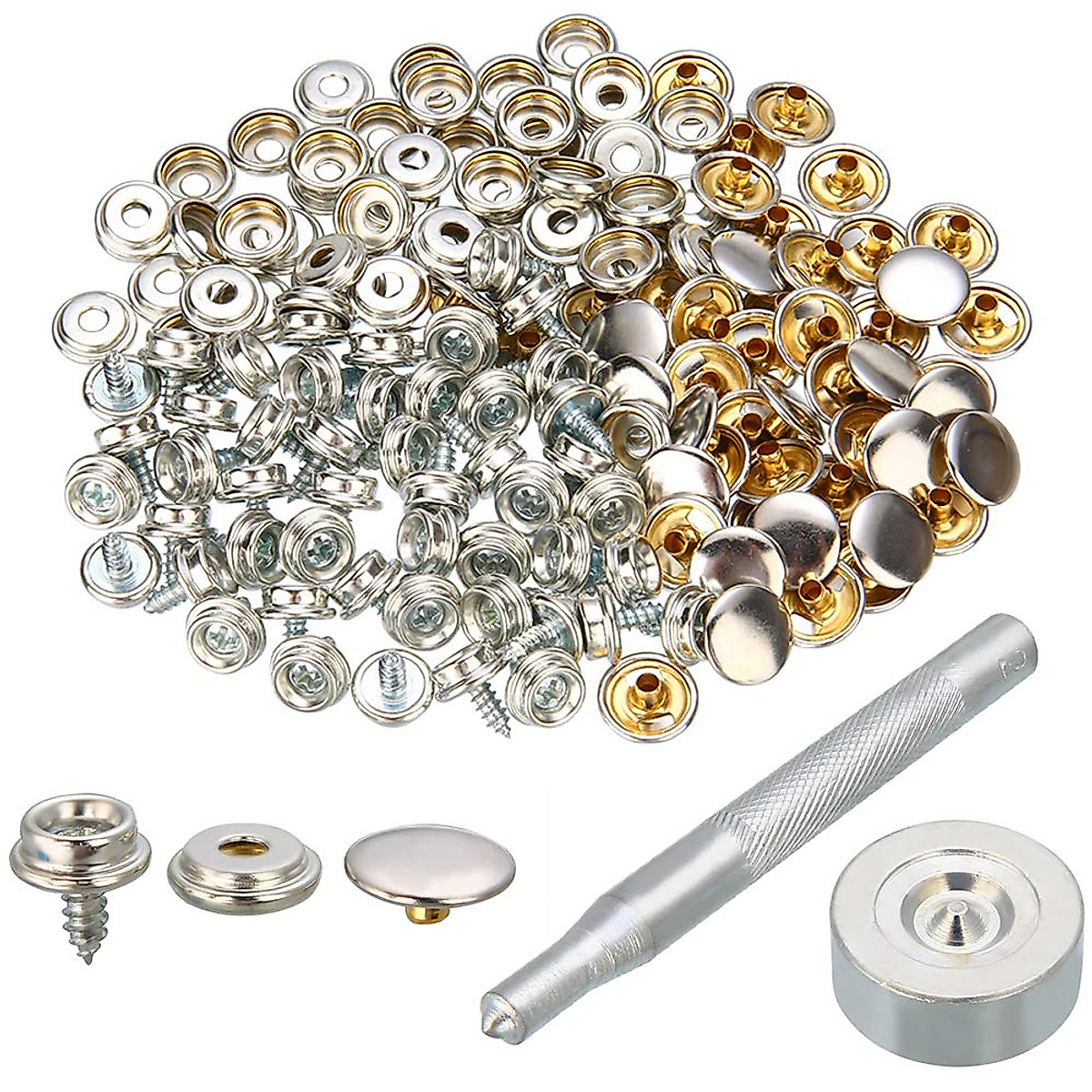 Snaps Kit for Boat Cover, 120pcs Canvas Screws Snaps Buttons Tool Marine Grade Sewing Fastener with 2Pcs Setting Tool