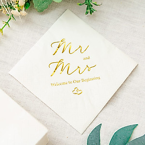 Crisky Gold Foil Mr and Mrs Wedding Cocktail Napkins 100 Counts for Wedding Party Reception Dessert Cake Table Decorations Welcome to Our Beginning Disposable Napkins, 3-Ply,
