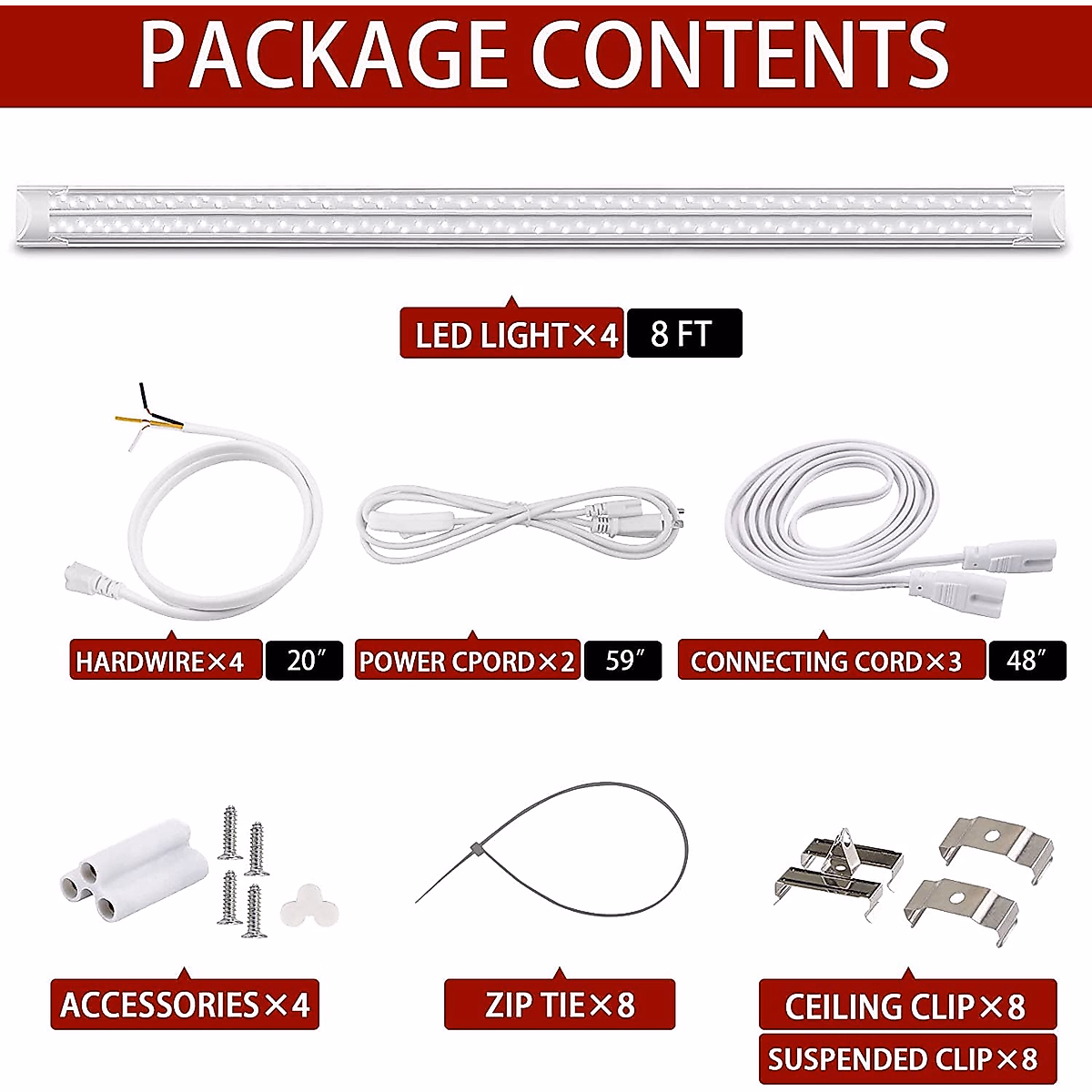 VShape 8FT LED Shop Light Fixture, 100W, 13000LM, 6000K Super Bright White, Linkable LED Garage Lights Fixture, 8 Foot LED Shop Lights for Workshop, T8 Tube Light, No RF & FM Interference, 4-Pack