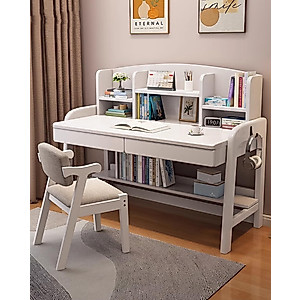 Solid Wood Desk Kids Desks with Drawers and Bookshelf, Height-Adjustable Desk Suit for All Ages, Learning Computer Workstation Writing Desk with Hooks, Study Home Office Desk ( Color : White with chai