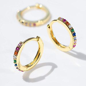 LAVLA Rainbow Pave CZ Gold Hoop Earrings for Women | Small Huggie Earrings for Cartilage, Lobe, Multiple Piercings