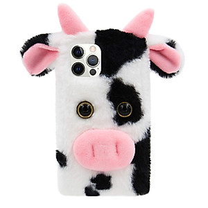 Girlyard Milk Cow Case for Samsung Galaxy S21 FE 5G, Cute 3D Cartoon Dairy Cattle Fluffy Hairy Silicone Cover Fuzzy Warm Faux Stuffed Plush Doll Soft Furry Protective Shell for Women Girls - Black