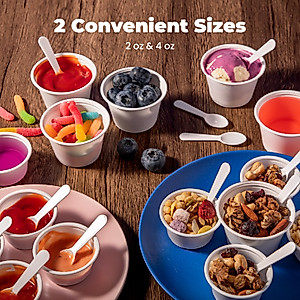 Fit Meal Prep 250 Pack 2 oz White Disposable Plastic Cups and 3 Inch Tasting Spoons - Portion Food Samplers for Restaurants Catering Party Appetizers Souffle Dressings Ice Cream Desserts