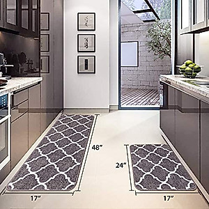 Carvapet 2 Pieces Kitchen Rugs and Mats Set Absorbent Soft Microfiber Bath Mat Moroccan Trellis Non-Slip Kitchen Mat Doormat Runner Set, 17"x48"+17"x24", Grey