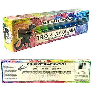 T-Rex Inks Starlight Shimmer Sparkling Alcohol Ink 12 Bottle Set - Glitter Alcohol Ink for Epoxy Resin Dye, Painting, Tumbler Making & More - Includes Shimmering Clear Blender - 20ml Bottles