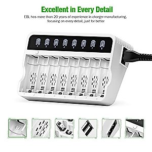 EBL 8 Bay AA AAA Battery Charger with Discharge Function for AA AAA Ni-MH Ni-CD Rechargeable Batteries - with LCD Display and 2 USB Output Port