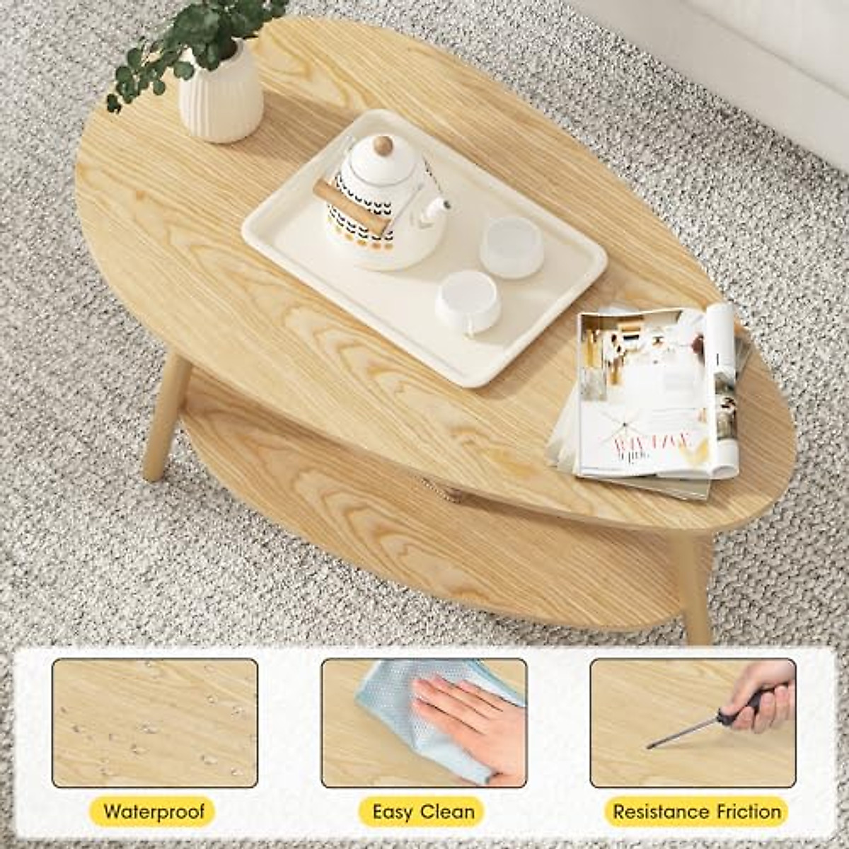 Maupvit Coffee Table-Oval Wood Table with Open Shelving for Storage and Display 2 Tier Sofa Table, Small Modern Furniture Living Room&Home Office-Nature Wood