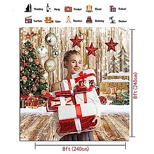 CHAIYA 8X8FT Christmas Backdrop Wood Floor Backdrop Winter Snow Xmas Tree Gift Christmas Family Party Background New Year Party Decoration Backdrop CY243