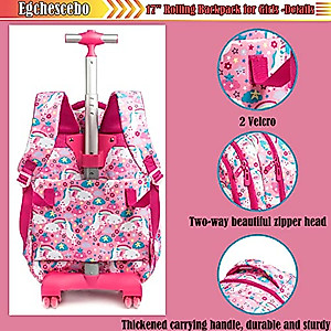 Egchescebo Girls Rolling Backpacks with Wheels 3PCS Unicorn Backpack Set for School Wheeled Luggage Suitcase Lunch Box Pencil Case Large Capacity Bookbag Adjustable Trolley for Elementary Travel Red