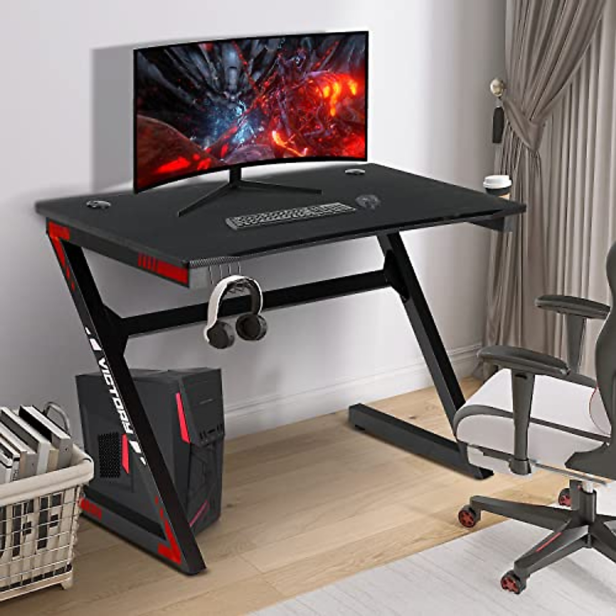 AILEEKISS 45'' Gaming Desk Large Home Computer Gaming Desk Sports Racing Table with with Cup Holder Headphone Hook for Home Office (Red)