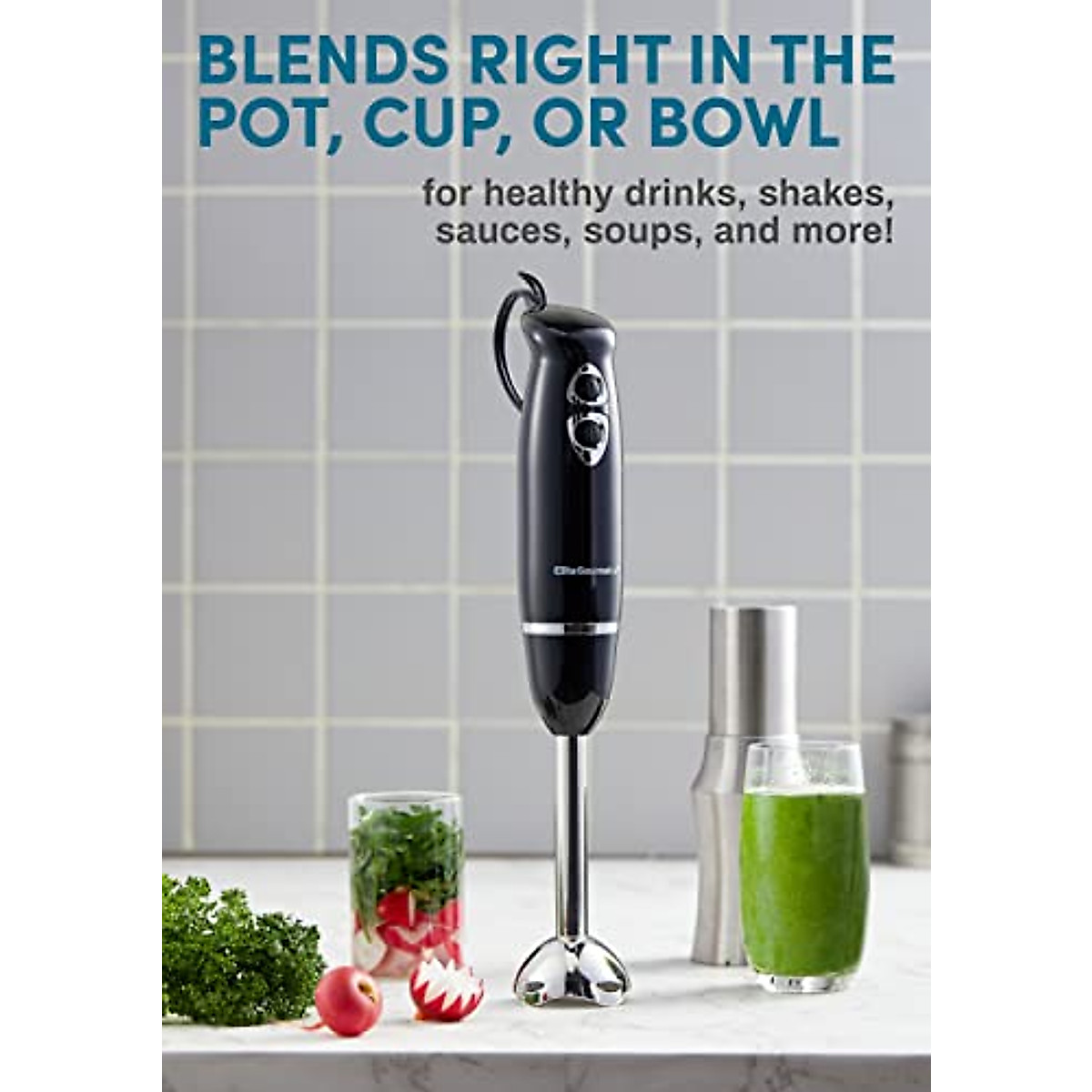 Elite Gourmet EHB1015 Immersion Hand Blender 500 Watts 2 Speed Mixing with Stainless Steel Blades, Detachable Wand Stick Mixer, Smoothies, Baby Food, Soup, Black