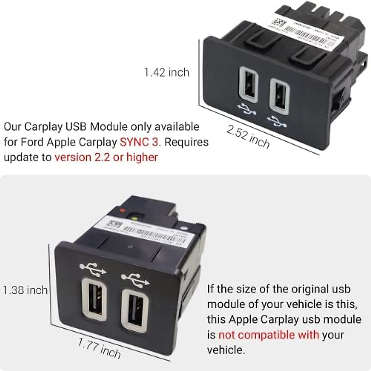 Heffchi Apple carplay sync 3 hub Module,Dual USB Interface Moudule,Compatible Ford sync 3 USB hub Dual,HC3Z-19A387-E/ HC3Z-19A387-B Blue