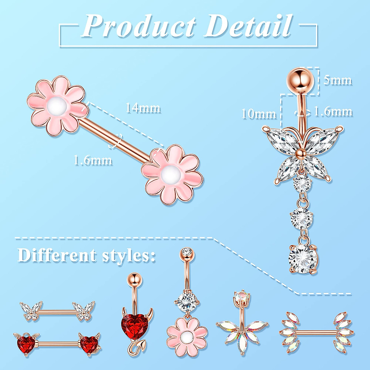 Sanfenly 12PCS Nipple Rings Belly Button Rings for Women 14G 316L Surgical Stainless Steel Curved Navel Barbell Cute Butterfly Flower Belly Piercing Nipple Piercing Jewelry Set