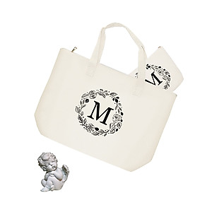 Binggemen Personalized Initial Canvas Tote Bag with Zipper, Present Bag with Inner Pocket & Make Up Bag, Great Gifts for Women, Mom, Teachers, Friends, Bridesmaids