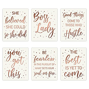 Haooryx 6Pcs Boss Lady Wall Art Rose Gold Inspirational Quote Cardstock Art Print Office Decor Set, Minimalist Girls Art Print Poster for Girls Women Bedroom Dorm Study Room Office Decorations