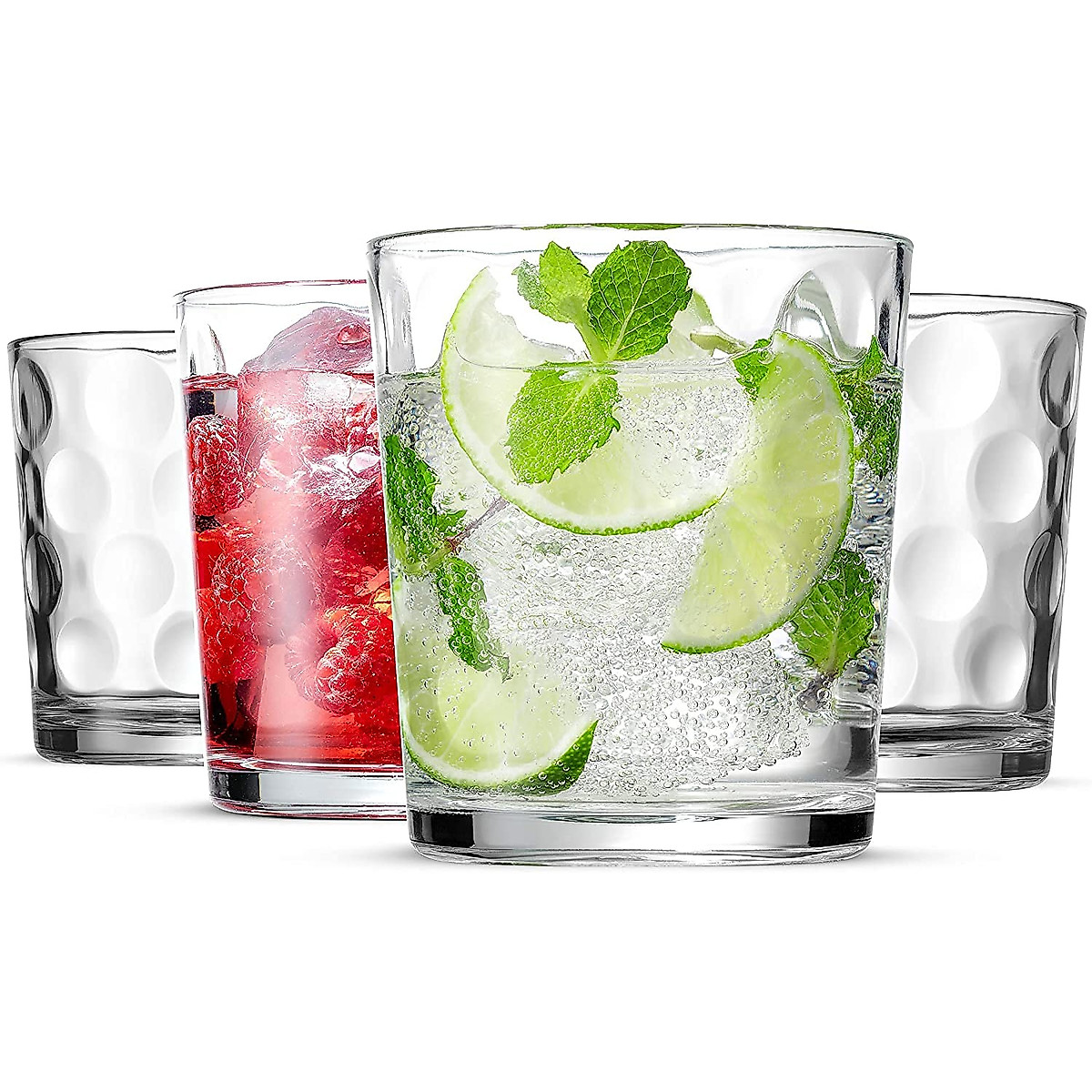 Set of 12 Elegant Everyday Stackable Drinking Glasses - Includes 4-17oz Highball Tumbler Glassware, 4-13oz DOF Rock Glasses, 4-7oz Juice Glasses for Mixed Drinks, Water, Beer, Wine.