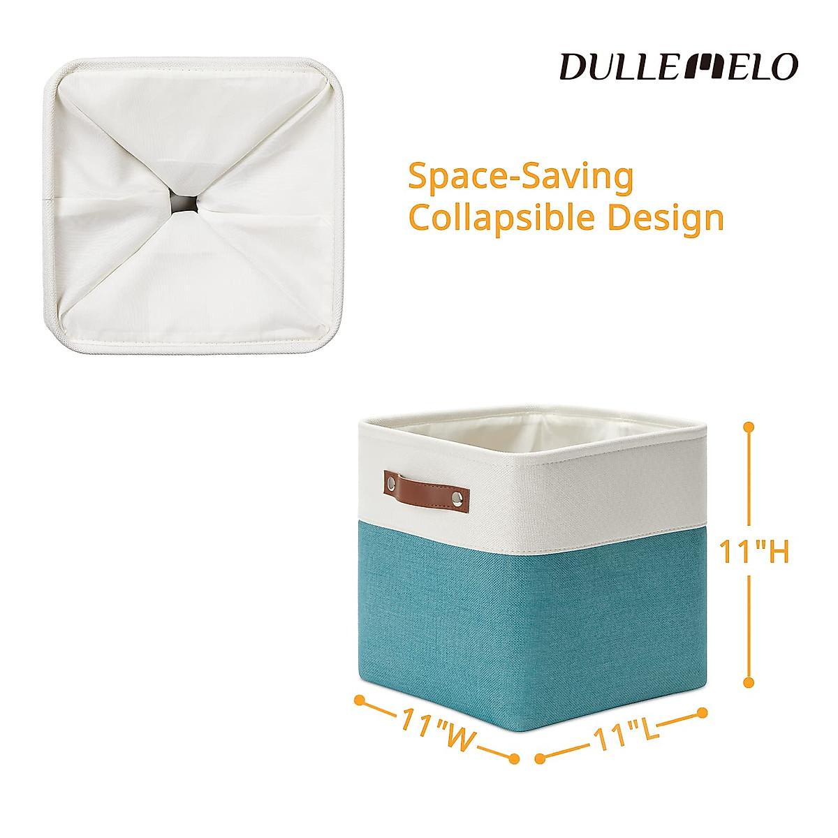 DULLEMELO Foldable Storage Cubes 11 x 11 Organizer Bins,Canvas Storage Bins Empty Gift Baskets for Organizing with SturdyLeather Handles, Closet Baskets for Nursery Storage(4 Pack - 11" White&Teal)