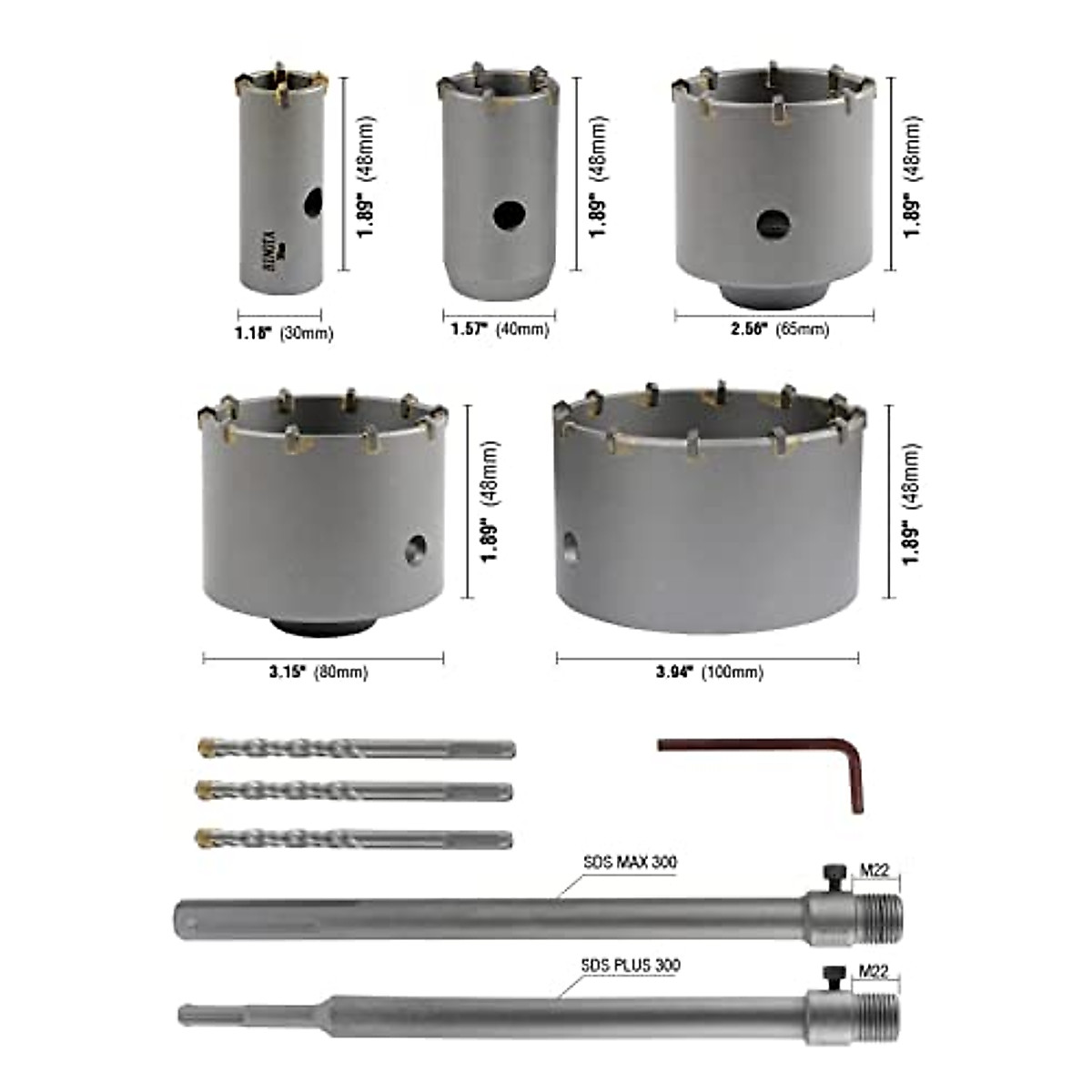 BINOTA Concrete Hole Saw, Kit 30 40 65 80 100 MM, Arbor SDS Plus and MAX 300mm, for Masonry Cement Wall Brick Sands Stone Sable-Rock Self-Leveling