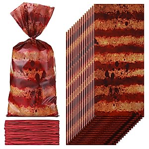 100 Pcs Halloween Cellophane Bags Creepy Carnival Party Favors Plastic Treat Bags Trick or Treat Spooky Goodie Candy Bags with Ties Halloween Circus Carnival Decorations Gifts Supplies(Spooky Style)