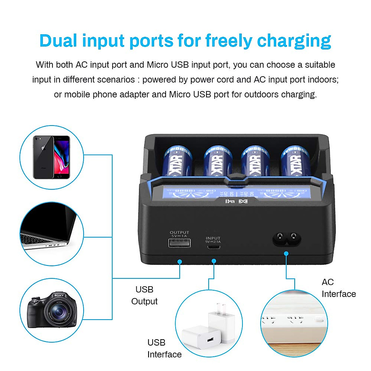 XTAR X4 Extended Version Protected 21700 20700 Battery Charger LCD Display AC Input Port 18650 Charger 2A Fast Charger with Mirco USB Output for Rechargeable 3.6V 3.7V Li-ion 1.2V Ni-MH Ni-CD Battery