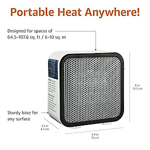 Amazon Basics Ceramic Space Heater, Mini Heater for Office Desk, 500 W, Portable Tent Heater for Camping (Indoor Use), With Tip-Over Protection, Lightweight (1.4 LBS), White, 5.9 x 3.2 x 6 inches
