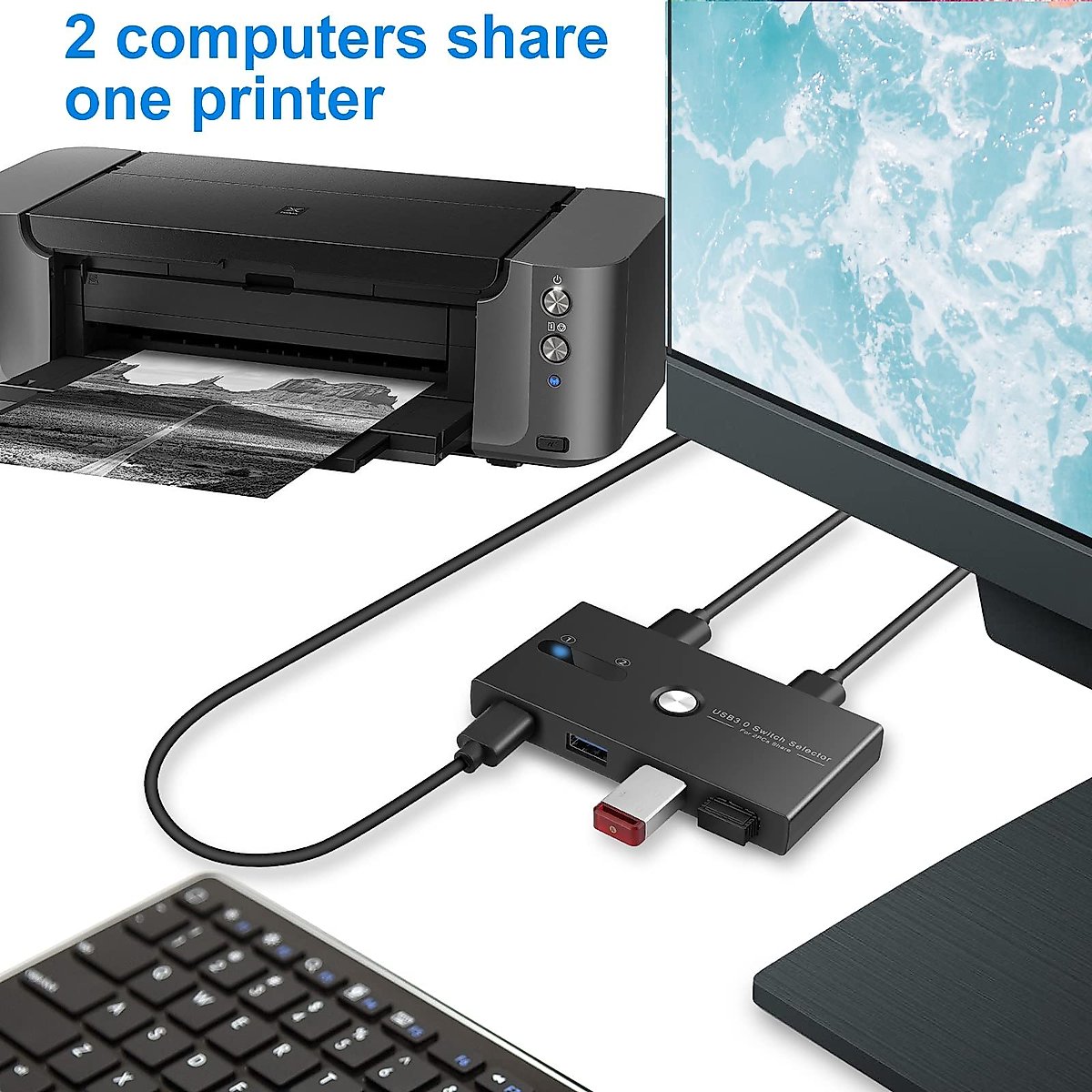 USB 3.0 KVM Switch Selector 2 Computers Sharing 4 USB Devices 4 Port USB Peripheral Switcher Box 2 in 4 Out with One-Button Swapping 2 Pack USB 3.0 Cable for Mouse, Keyboard, Scanner,Printer,Computer