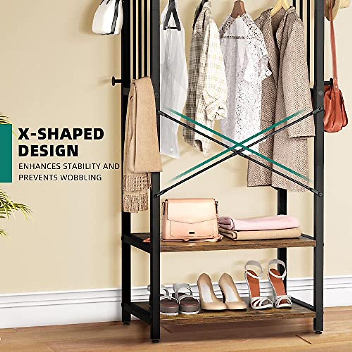 YITAHOME Industrial Hall Tree Garments Rack with Storage Shelves and Hanging Rod, Coat Rack Freestanding with 8 Hanging Hooks, Tall Clothes Rack Closet Organizer for Hallway, Bedroom, Rustic Brown