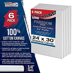 U.S. Art Supply 24 x 30 inch Stretched Canvas 12-Ounce Triple Primed, 6-Pack - Professional Artist Quality White Blank 3/4" Profile, 100% Cotton, Heavy-Weight Gesso - Acrylic Pouring, Oil Painting