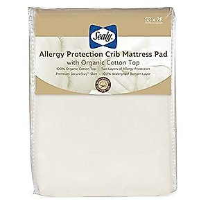 Sealy Organic Cotton Top Cooling Waterproof Fitted Toddler Bed and Baby Crib Mattress Pad Cover Protector, Noiseless, Machine Washable and Dryer Friendly, 52" x 28" - White