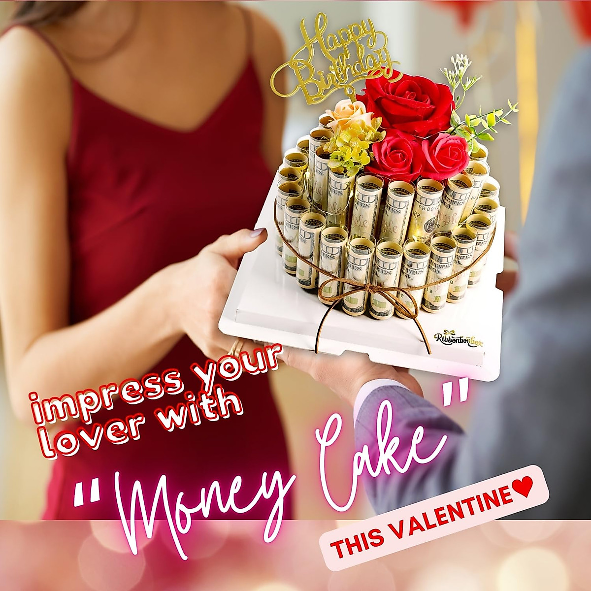 Ribbonbonbox Flower Money Cake – Fake Cake Gift Box – Christmas, Birthday Gifts for Her and Him – Best Gift Ideas for Quinceanera, Sweet 16 Gifts for Girls – Surprise Money Box for Cash Gift Pull