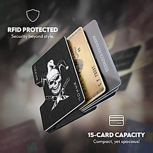 Freja Svendsen Minimalist Skull Wallet for Men - RFID Blocking, Slim Wallets with 2 Interchangeable Money Clips - Thin Aluminum Credit Card Holder - Laser Engraved Finished (Skull Joker)