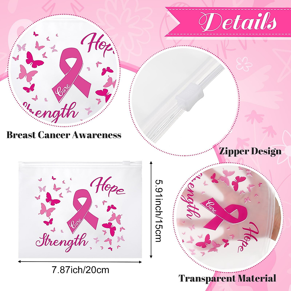 Silkfly 150 Pcs Breast Cancer Awareness Bulk Gifts Makeup Bags EVA Hope Cure Strength Cancer Survivor Gifts for Women Waterproof Portable Toiletry Bag Zipper for Public Charity Party Supplies