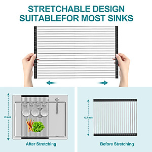 BBXTYLY Extra Large Expandable Roll Up Dish Drying Rack,Over The Sink Drying Rack Sink Cover Kitchen Sink Accessories Kitchen Rolling up Stainless Steel Drainer, Foldable,Rollable（Black，25.1''-17.3''）
