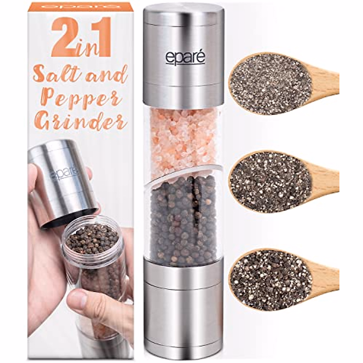Eparé Salt and Pepper Grinder Combo - Refillable Peppermill Grinders - Modern Pink Himalayan Salt Grinder - Stainless Steel Manual Salt & Pepper Mill Shakers