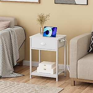 Furologee White Nightstands Set of 2 with Charging Station, Small Bed Side Table with Fabric Drawer for Small Spaces, 2 Tiers Storage Shelves End Table for Living Room, Bedroom, Dorm